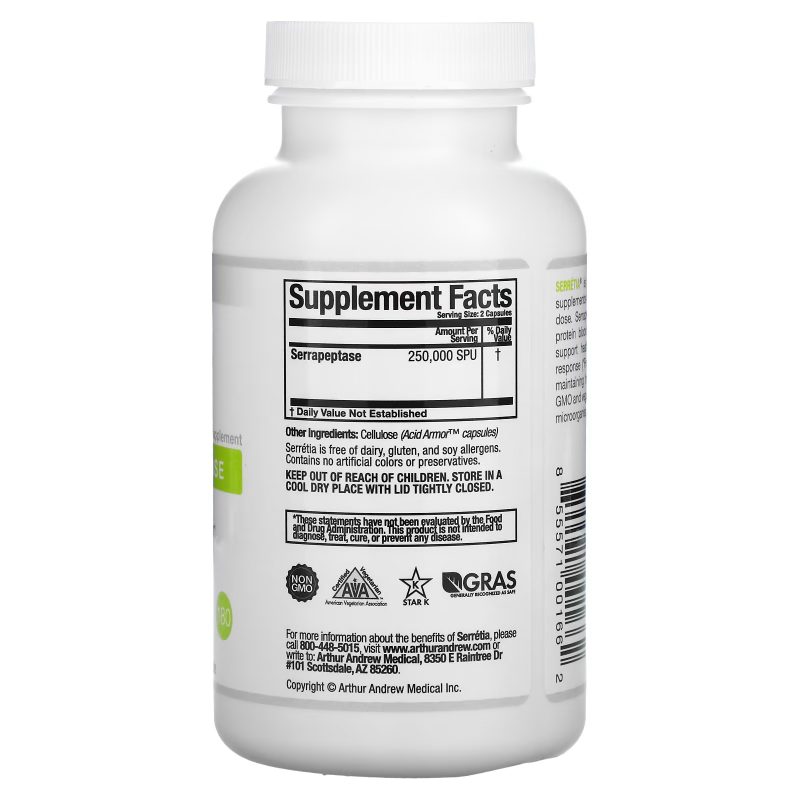 Arthur Andrew Medical, Serretia, Pure Serrapeptase, 125,000 SPU, 180 ...